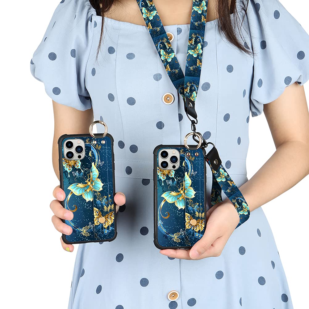 KANGHAR Compatible with iPhone 13 PRO MAX Case Blue Butterfly Shell Wrist Strap Lanyard Cover for iPhone 13 PRO MAX 6.7 INCH 2021 5G