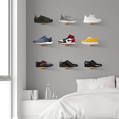 Wall Shoe Shelf - Pine Wood Shoe Display Shelf- Traditional Creations Set of 6 Wall Mount, and Adhesive Tape Installation, Floating Shoe Display Stand for Sneakersshelf