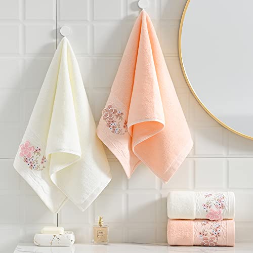 YiLUOMO Beige Hand Towels Stereoscopic Flower Embroidered Bathroom Hand Towel Super Soft 100% Terry Cotton Highly Absorbent Decorative for Home Bathroom(13 x 29 Inch, 2 Pieces)