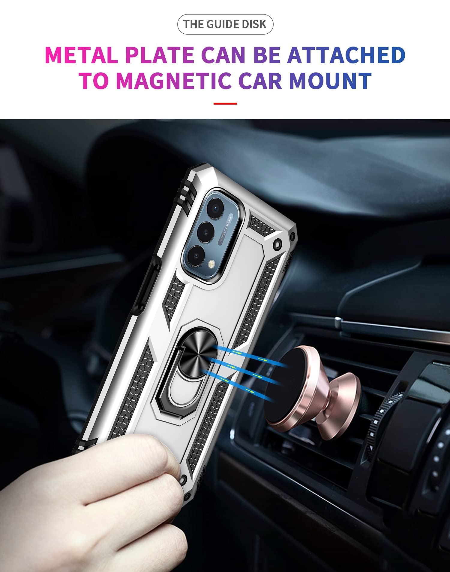 Military Grade Drop Impact for Oneplus Nord N200 5G Case Oneplus Nord N200 Case 360 Metal Rotating Ring Kickstand Holder Armor Heavy Duty Shockproof Case for Oneplus Nord N200 5G Phone Case (Silver)