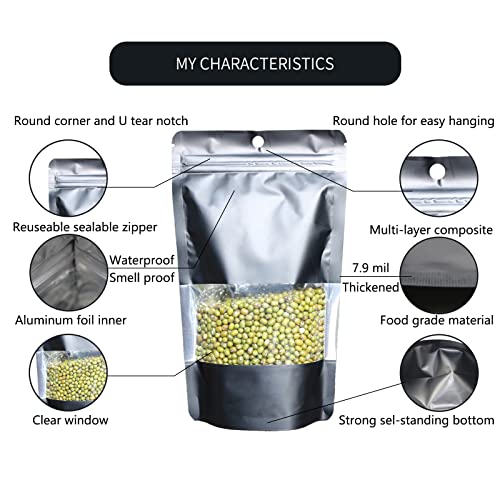 100 Pieces Resealable Stand Up zipper lock bag, Heat Seal Pouches Reusable Smell Proof Bag for Food Storage (BLACK,6x8.7 inch)