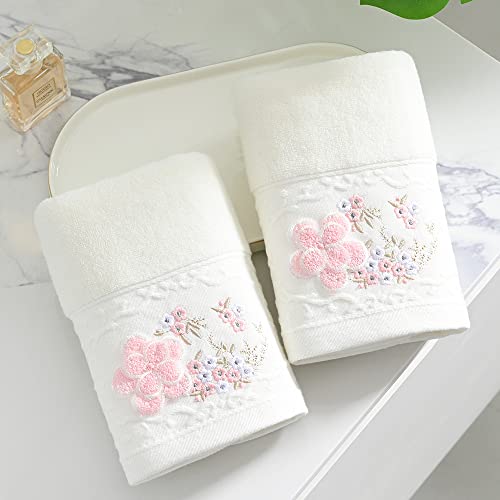 YiLUOMO Beige Hand Towels Stereoscopic Flower Embroidered Bathroom Hand Towel Super Soft 100% Terry Cotton Highly Absorbent Decorative for Home Bathroom(13 x 29 Inch, 2 Pieces)