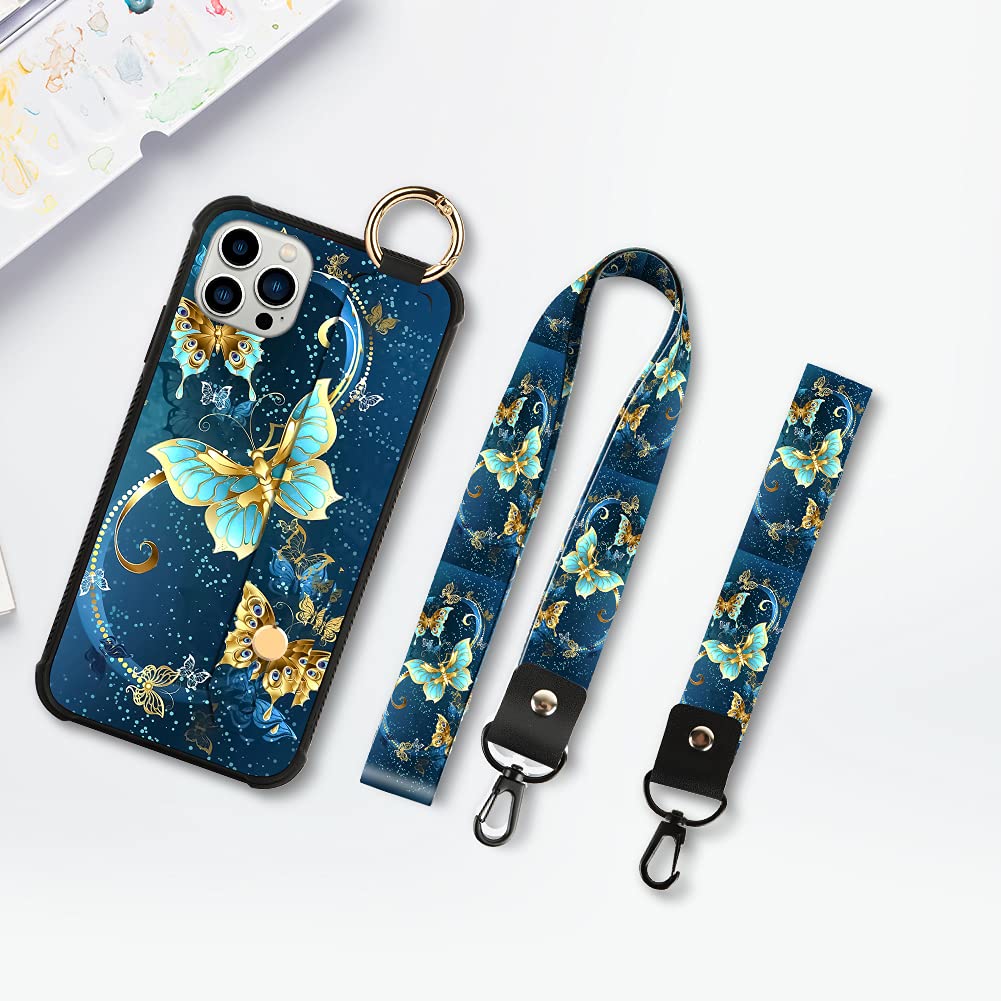 KANGHAR Compatible with iPhone 13 PRO MAX Case Blue Butterfly Shell Wrist Strap Lanyard Cover for iPhone 13 PRO MAX 6.7 INCH 2021 5G