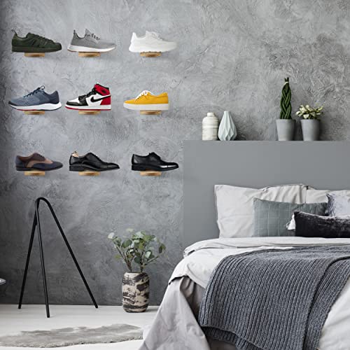 Wall Shoe Shelf - Pine Wood Shoe Display Shelf- Traditional Creations Set of 6 Wall Mount, and Adhesive Tape Installation, Floating Shoe Display Stand for Sneakersshelf