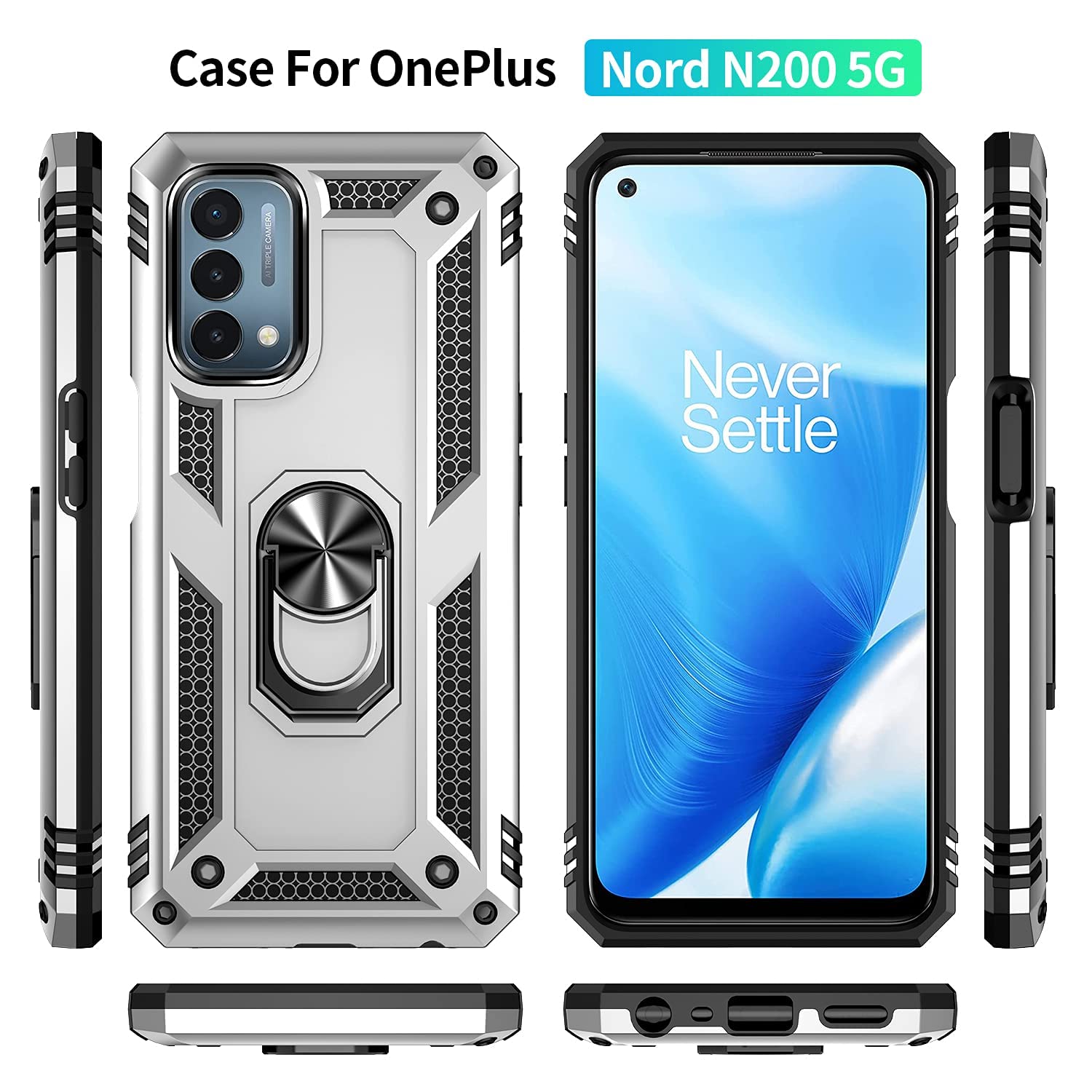 Military Grade Drop Impact for Oneplus Nord N200 5G Case Oneplus Nord N200 Case 360 Metal Rotating Ring Kickstand Holder Armor Heavy Duty Shockproof Case for Oneplus Nord N200 5G Phone Case (Silver)
