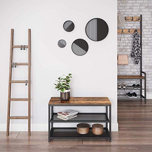 Ballucci Shoe Rack Bench, 3-Tier Shoe Rack, Entryway Shoe Organizer with Seat, Metal Storage Shelves for Hallway, Living Room, Mudroom - Rustic Brown