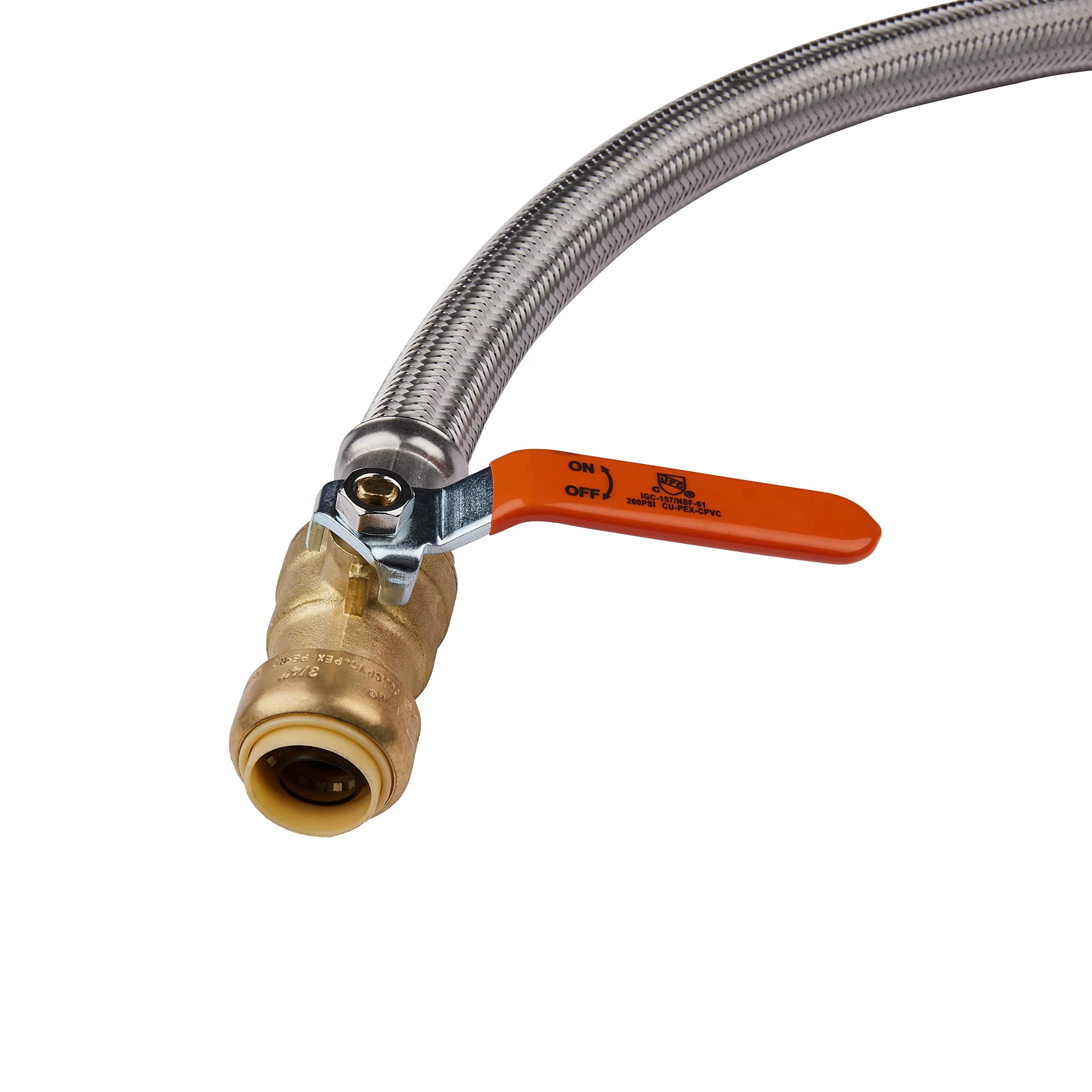 EFIELD 18 Inch Push-fit Valve Flexible Water Heater Connector, 1/2 inch x 3/4 inch FIP, Push-to-Connect, Copper, Pex, CPVC, Braided Stainless Steel