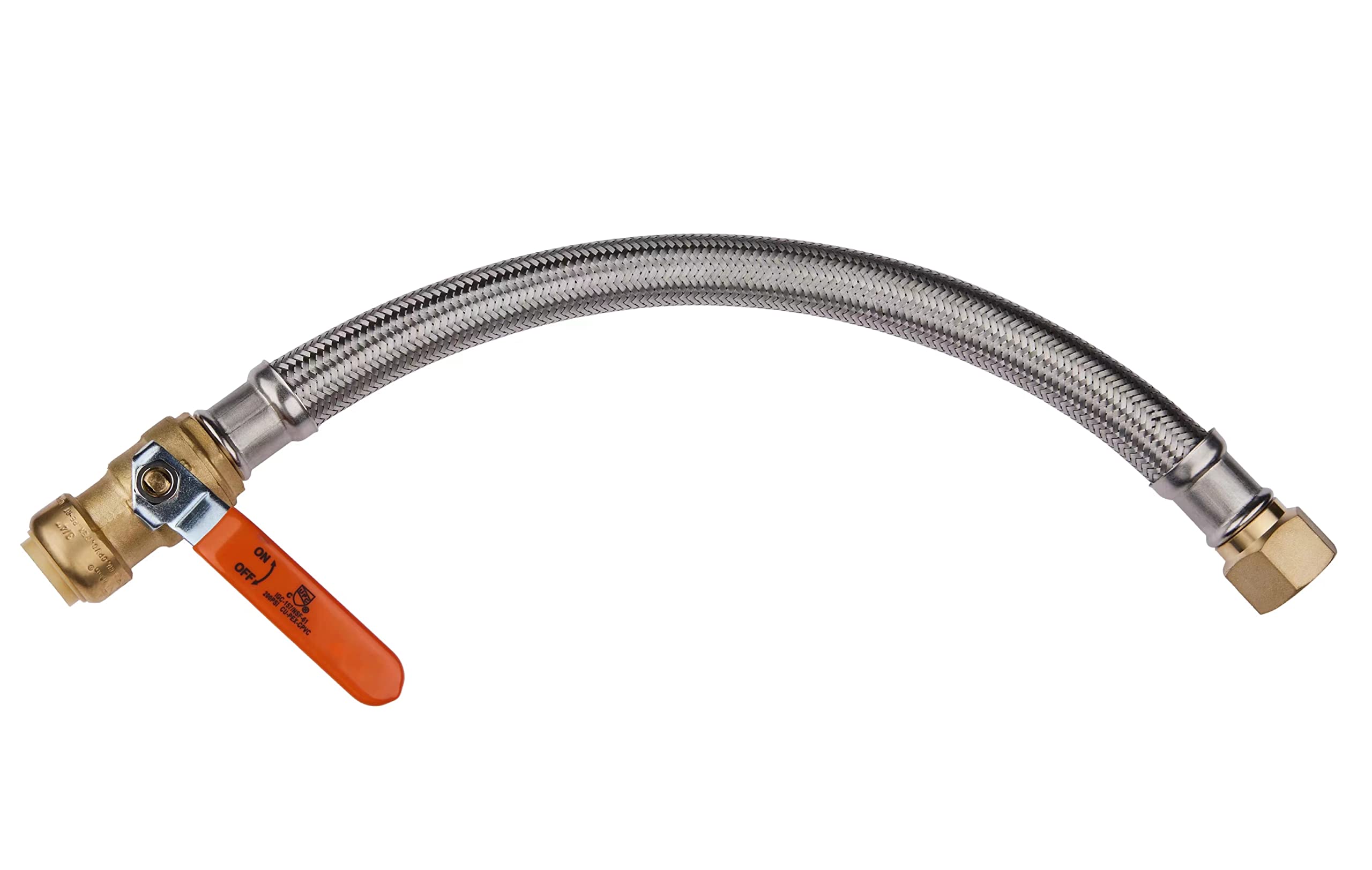 EFIELD 18 Inch Push-fit Valve Flexible Water Heater Connector, 1/2 inch x 3/4 inch FIP, Push-to-Connect, Copper, Pex, CPVC, Braided Stainless Steel