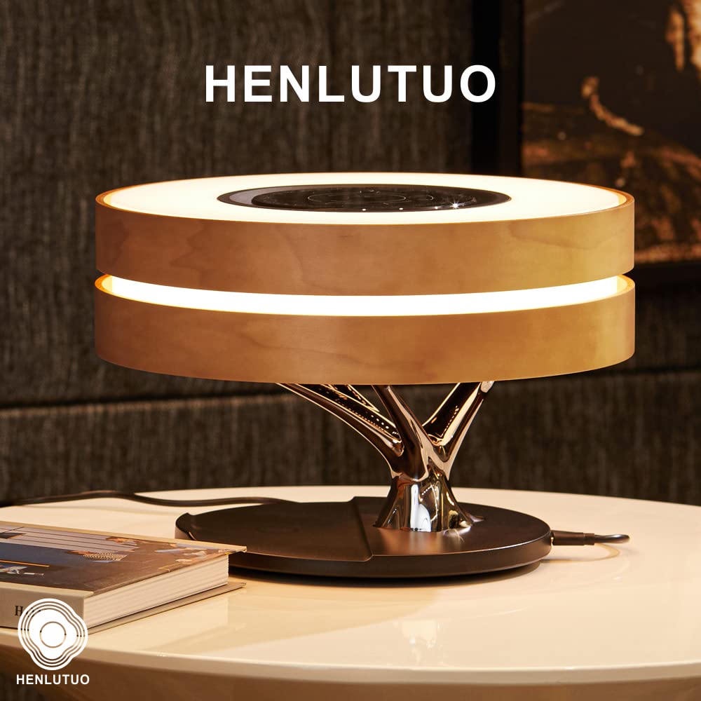 HENLUTUO Maple Log Table lamp with 10W Wireless Charge 2 * 5W Bluetooth Speaker bass LED Light Shade Sleep Mode Smart Touch Slide & Step-Less Dimming Original 3 in 1 Smart Lamp