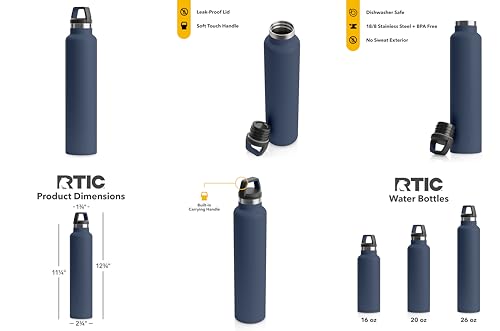 RTIC 26 oz Vacuum Insulated Water Bottle, Stainless Steel Metal, Double Wall, BPA Free, for Hot and Cold Drinks, Navy