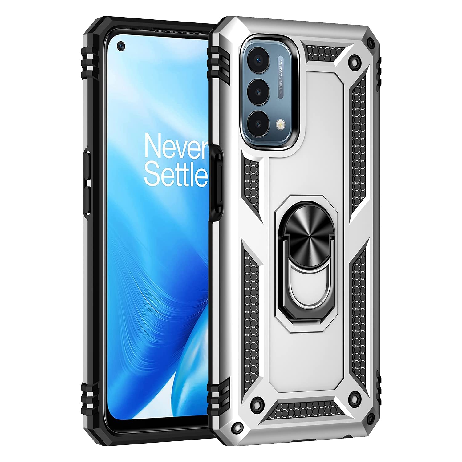 Military Grade Drop Impact for Oneplus Nord N200 5G Case Oneplus Nord N200 Case 360 Metal Rotating Ring Kickstand Holder Armor Heavy Duty Shockproof Case for Oneplus Nord N200 5G Phone Case (Silver)
