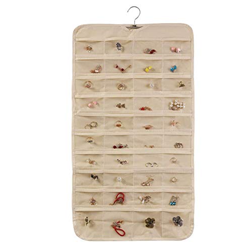 SZFY Hanging Jewelry Organizer, Wardrobe Necklaces Bracelets Earrings Accessories Organizer, 80 Pocket Organizer for Holding Jewelries - Beige