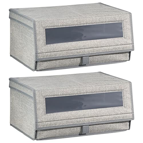 mDesign Large Fabric Closet Shoe Storage Box w/Clear Window - Shoe, Sandal, Sweater, Linen, Clothes Organizer - Boot Storage Solutions - Shoe Bin - Lido Collection, 2 Pack, Gray