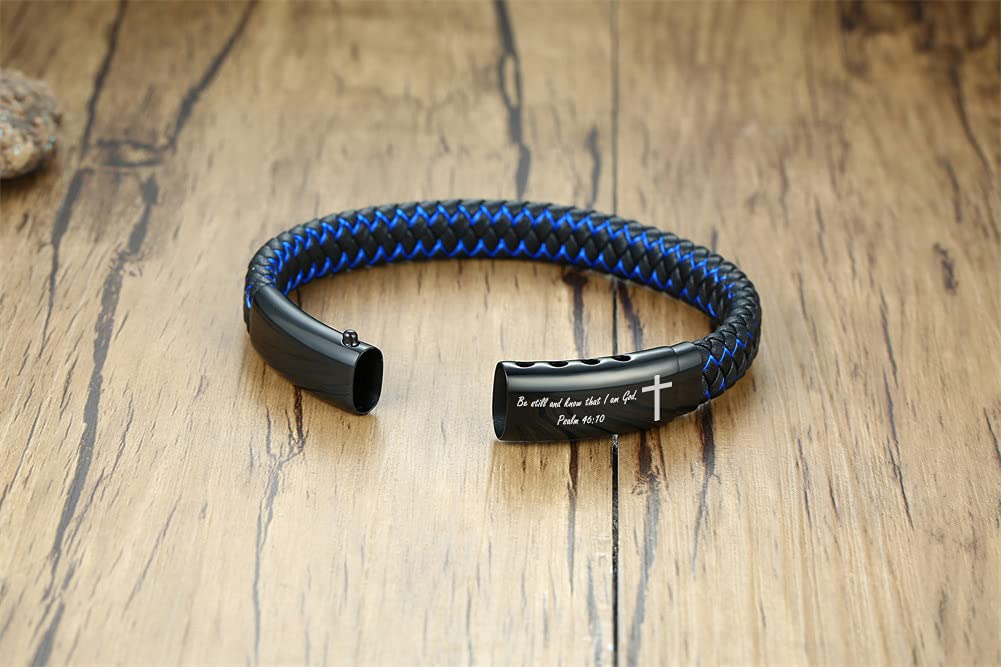 MEALGUET Be still and know that I am God. Psalm 46:10 Bible Verse Religious Bracelets Christian Cross Scripture Engraved 2-tone Black Blue Braided Leather Bracelet for Men
