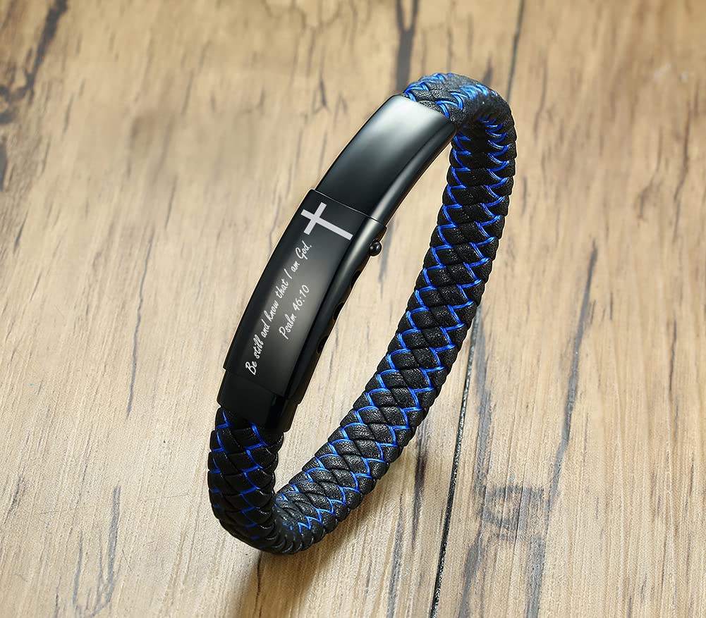 MEALGUET Be still and know that I am God. Psalm 46:10 Bible Verse Religious Bracelets Christian Cross Scripture Engraved 2-tone Black Blue Braided Leather Bracelet for Men