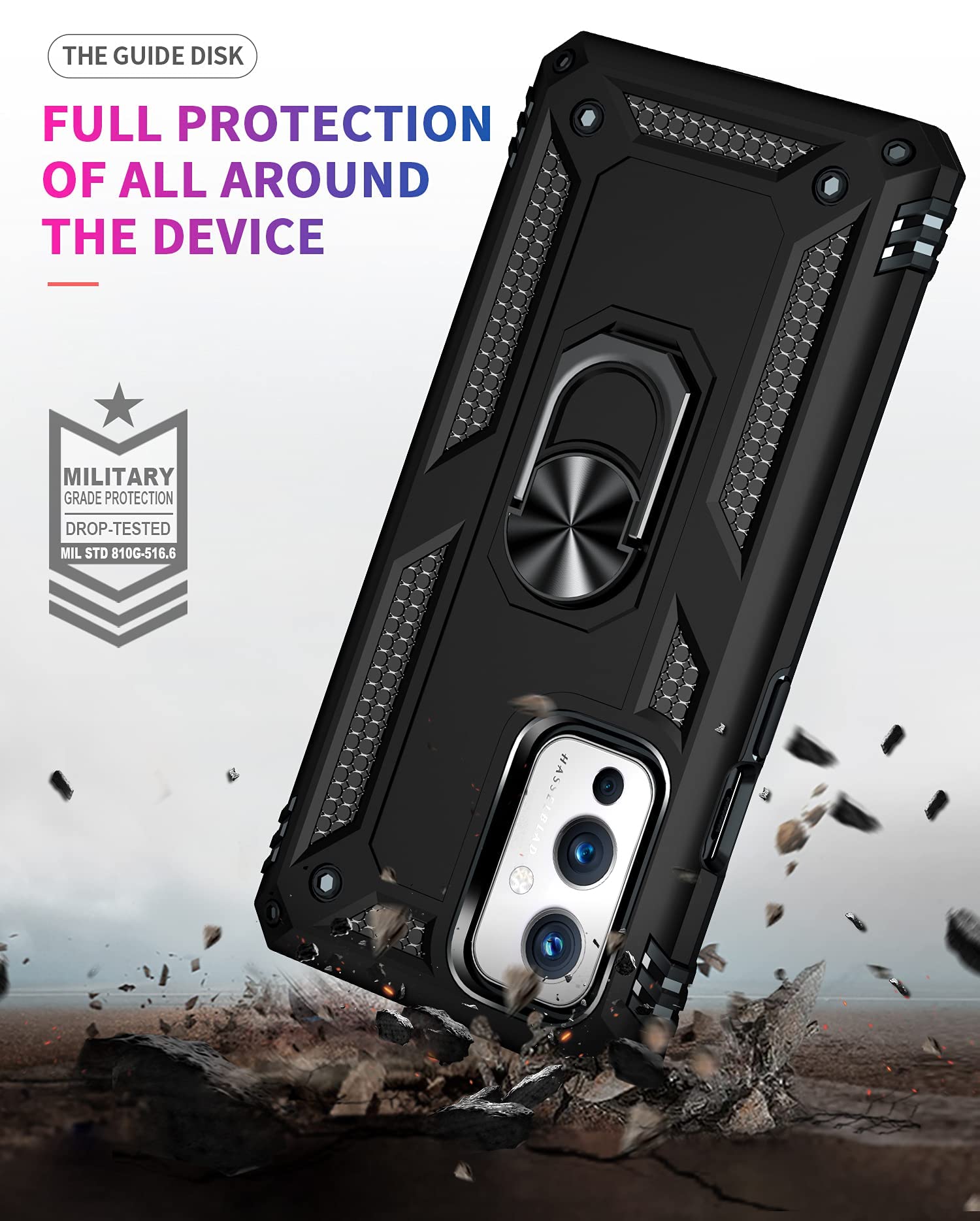 Dionsibei Military Grade Drop Impact for Oneplus 9 Case Oneplus 9 5G Case 360 Metal Rotating Ring Kickstand Holder Armor Heavy Duty Shockproof Case for Oneplus 9 Phone Case (Black)