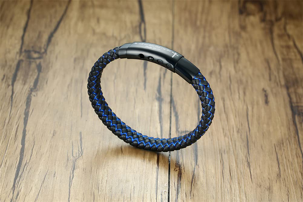 MEALGUET Be still and know that I am God. Psalm 46:10 Bible Verse Religious Bracelets Christian Cross Scripture Engraved 2-tone Black Blue Braided Leather Bracelet for Men