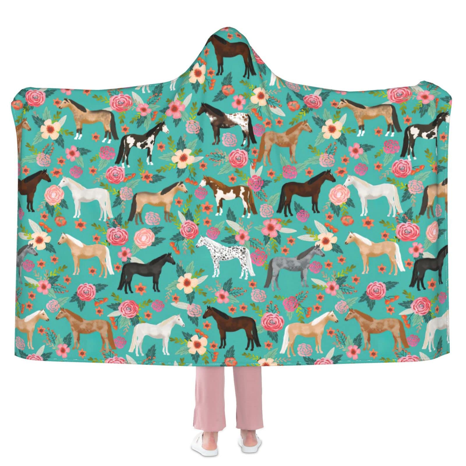 HIONHSW Horses and Flowers Hooded Blanket Anti-Pilling Flannel Wearable Blanket Hoodie-Plush Warm Blanket Throw Blankets Fit for Kids, Adults, Teens