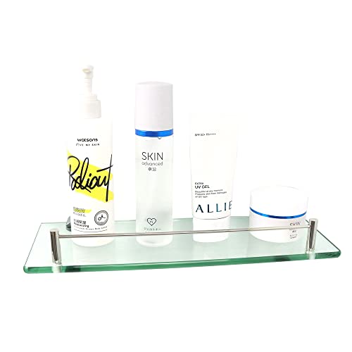 mokhome Bathroom Shelves, Glass Shower Caddy, Rectangle Floating Wall Mounted Shelf,Tempered Clear Glass Shelving with Towel Bar Shampoo Holder,1 Shelf, SUS304 Stainless Steel Brackets,Rustproof