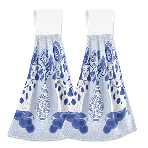 JUAMA Staffordshire Dogs in Chinoiserie Style Blue and White Porcelain Kitchen Hand Towel Hanging Tie Towels 12 x 17 Inch Dish Cloths 2 Pieces for Bathroom Laundry Room Decor, Multicolor