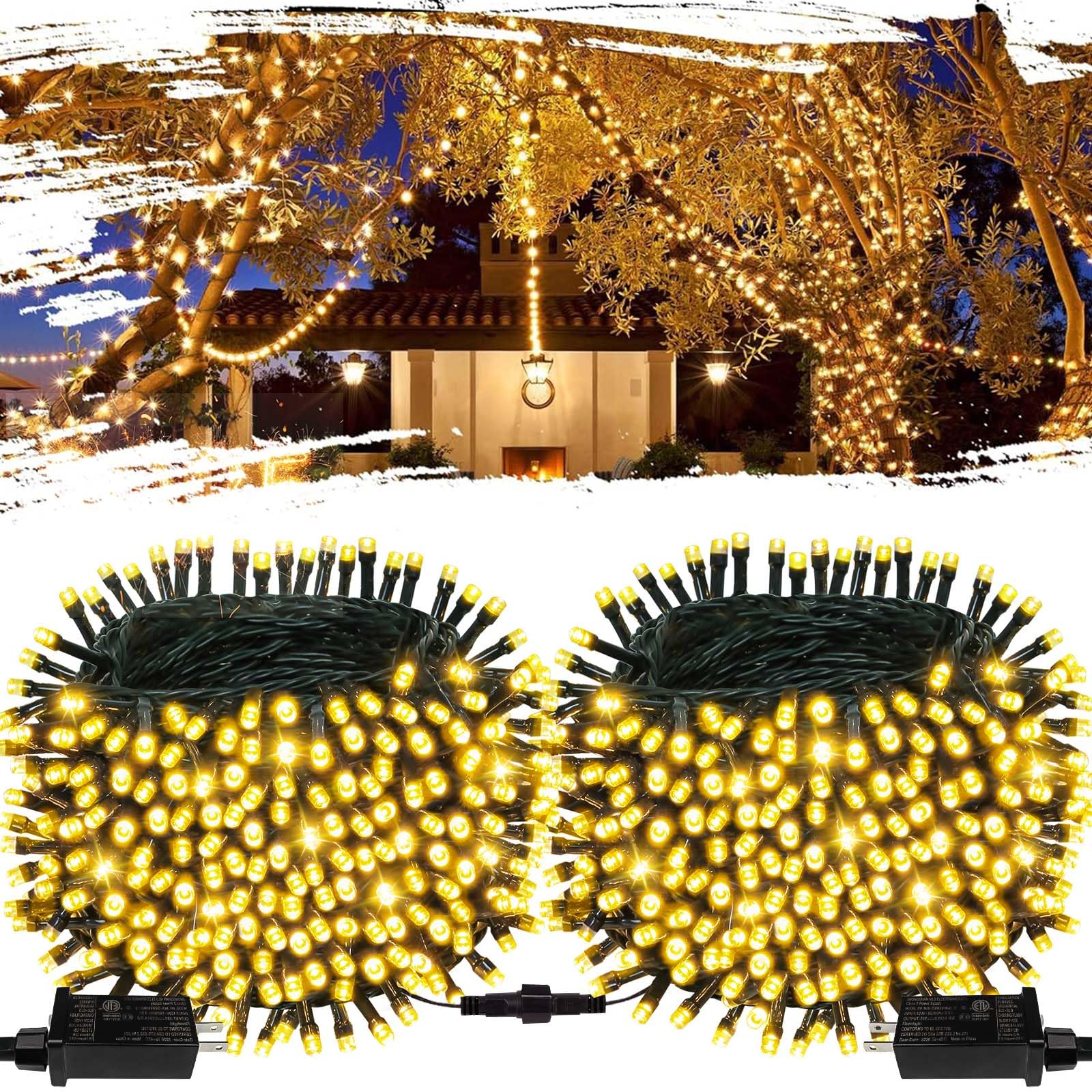 OZS Connectable Outdoor String Lights Waterproof, 2Pack 164ft 400 LED Christmas Tree Lights, 8 Modes Green Wire String Lights for Holiday Party Christmas Decorations, Warm White