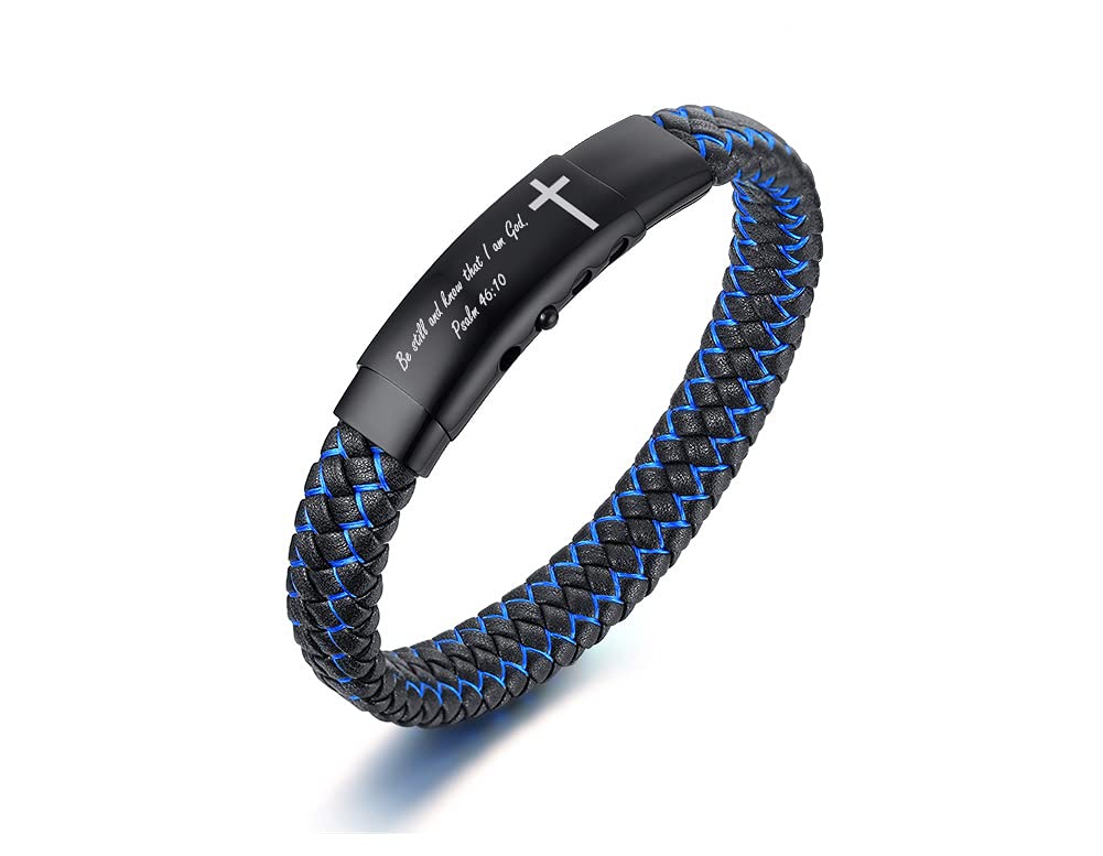 MEALGUET Be still and know that I am God. Psalm 46:10 Bible Verse Religious Bracelets Christian Cross Scripture Engraved 2-tone Black Blue Braided Leather Bracelet for Men