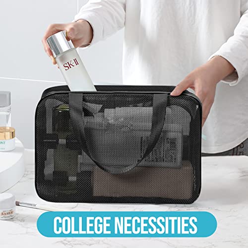 Gocvo Mesh Shower Caddy Mash Shower Bag Black Portable Mesh Accessories Organizer Tote for Gym College Dorm Room (Black-Large)