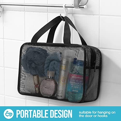 Gocvo Mesh Shower Caddy Mash Shower Bag Black Portable Mesh Accessories Organizer Tote for Gym College Dorm Room (Black-Large)