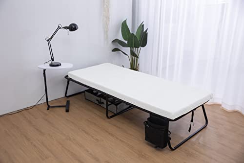 LEISUIT Rollaway Guest Bed Cot Fold Out Bed - Portable Folding Bed Frame with Thick Memory Foam Mattress for Spare Bedroom & Office White+Hanging Storage Bag(L)