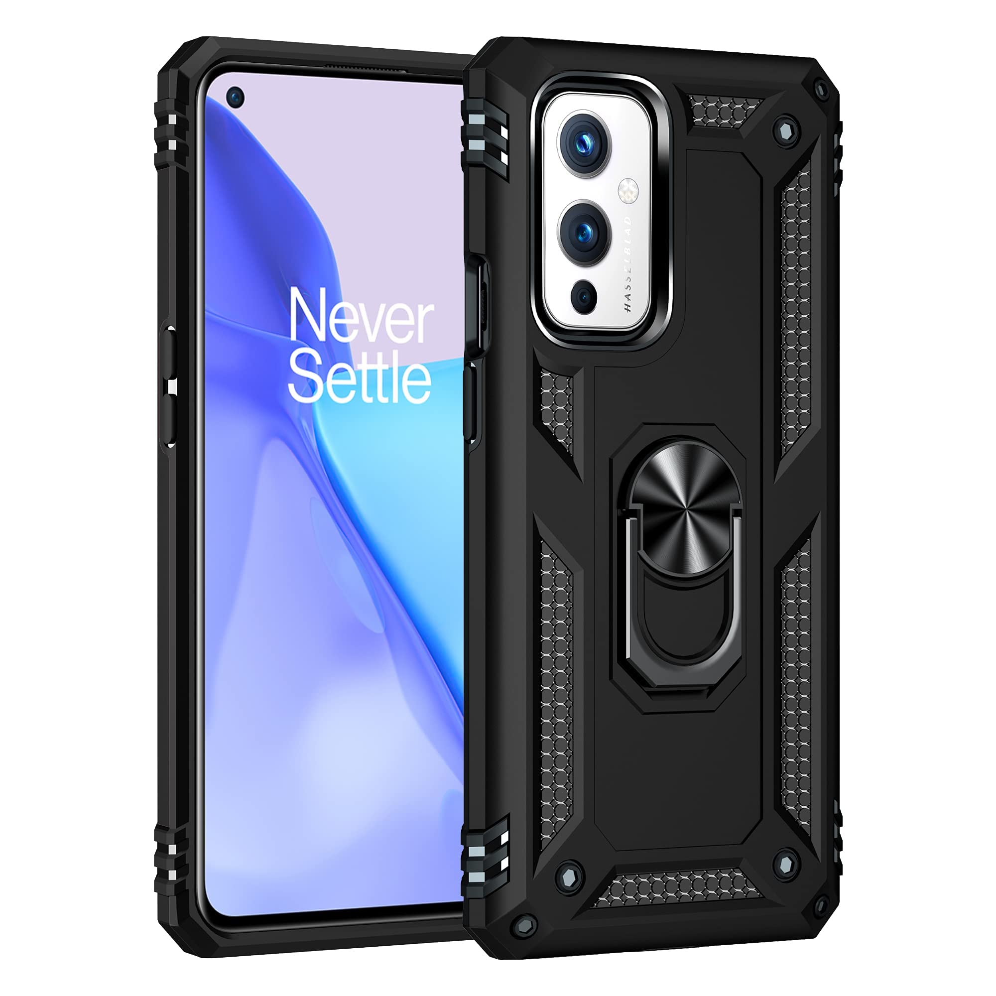 Dionsibei Military Grade Drop Impact for Oneplus 9 Case Oneplus 9 5G Case 360 Metal Rotating Ring Kickstand Holder Armor Heavy Duty Shockproof Case for Oneplus 9 Phone Case (Black)