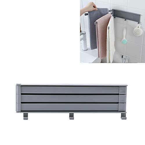 Kitchen Bathroom Towel Rack Three Bars Rotary Folding Arm Rotary Coat Hanger Washable Towel Bar with Attached Kitchen Rag Rack (Gray)