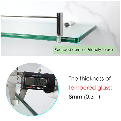 mokhome Bathroom Shelves, Glass Shower Caddy, Rectangle Floating Wall Mounted Shelf,Tempered Clear Glass Shelving with Towel Bar Shampoo Holder,1 Shelf, SUS304 Stainless Steel Brackets,Rustproof