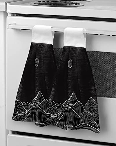 Ldtrchee Mountains Scenery Hand Towel with Hanging Loop, Sun Black White Line Abstract Art Hanging Tie Towels Set 2 Pcs, Kitchen Absorbent Towel for Bathroom Tea Bar Laundry