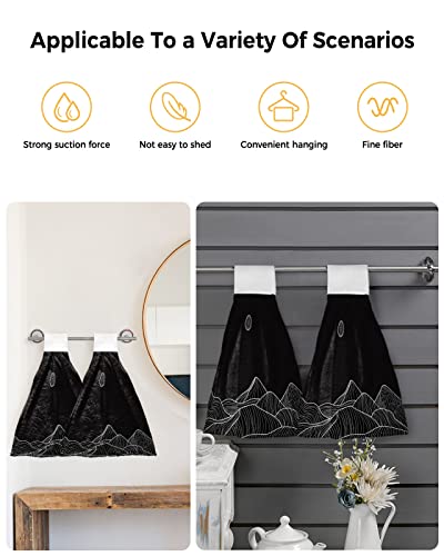 Ldtrchee Mountains Scenery Hand Towel with Hanging Loop, Sun Black White Line Abstract Art Hanging Tie Towels Set 2 Pcs, Kitchen Absorbent Towel for Bathroom Tea Bar Laundry