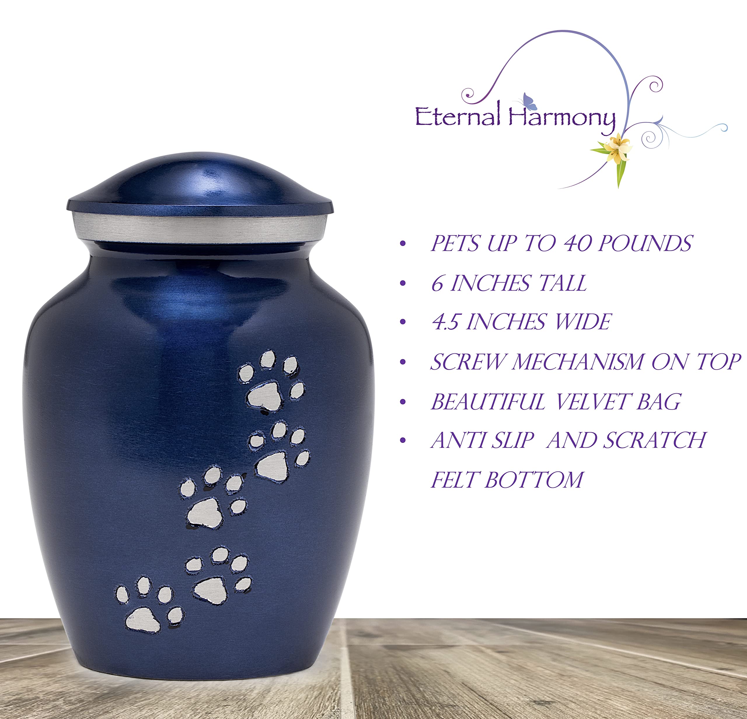 Eternal Harmony Pet Urns for Dogs with Secure Seal, Velvet Bag & Anti-Slip Felt Bottom, Animal Urn for Dog Ashes, Cat Ashes & Any Pet Up to 40 lbs (Blue, Medium)