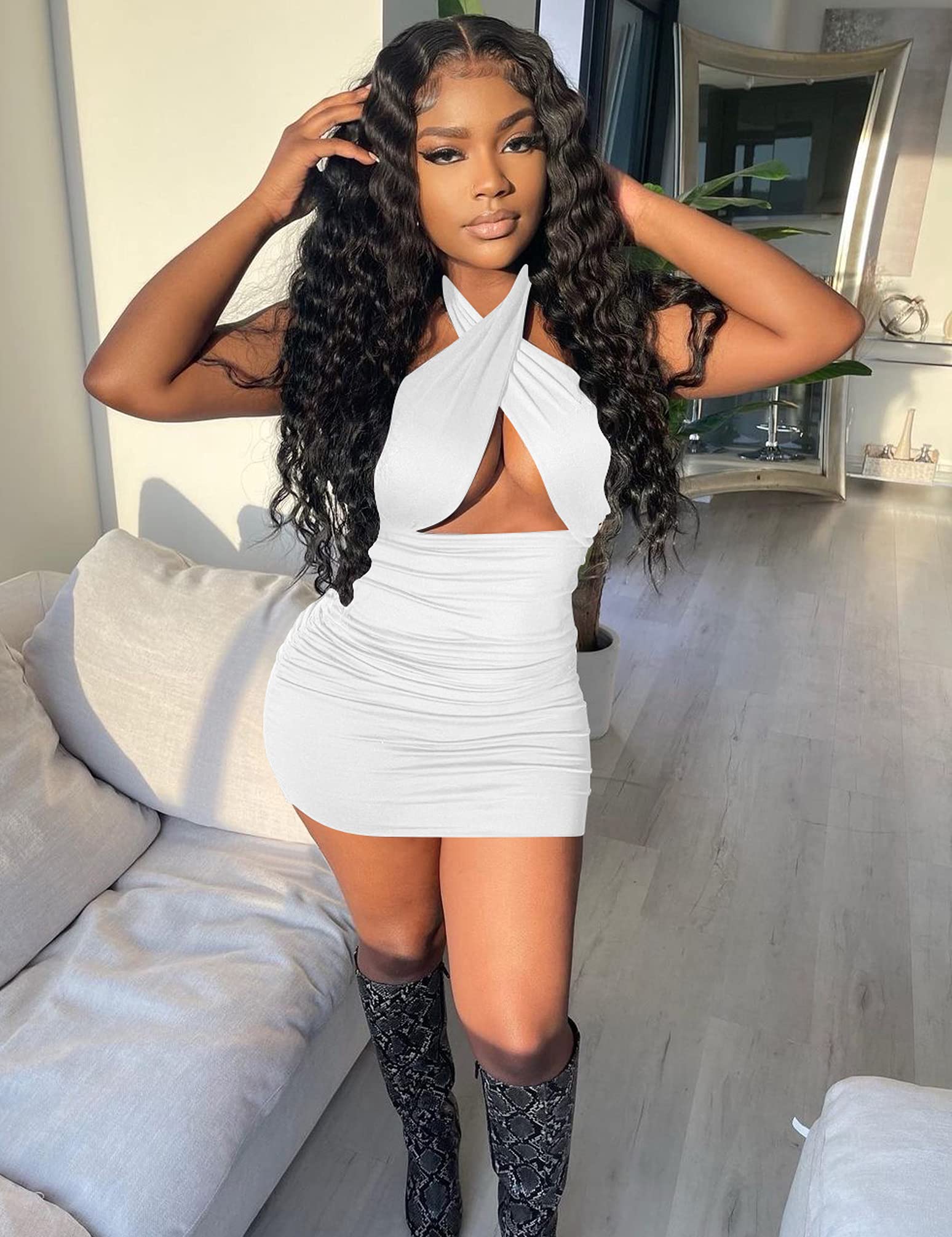 Women's Sexy Ruched Bodycon Halter Criss Cross Cut Out Backless Mini Club Party Dresses, Medium, White
