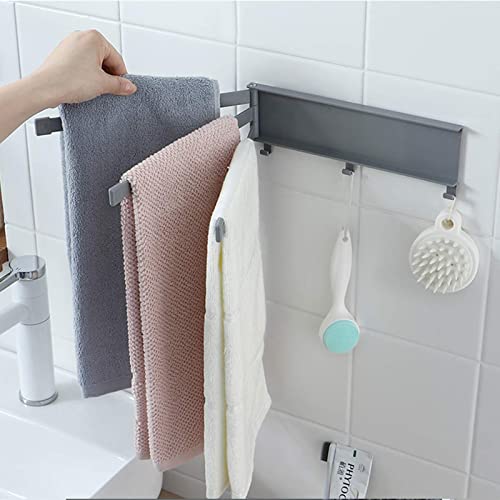 Kitchen Bathroom Towel Rack Three Bars Rotary Folding Arm Rotary Coat Hanger Washable Towel Bar with Attached Kitchen Rag Rack (Gray)