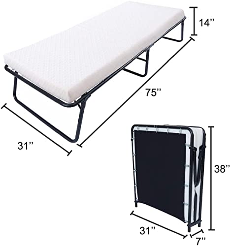 LEISUIT Rollaway Guest Bed Cot Fold Out Bed - Portable Folding Bed Frame with Thick Memory Foam Mattress for Spare Bedroom & Office White+Hanging Storage Bag(L)