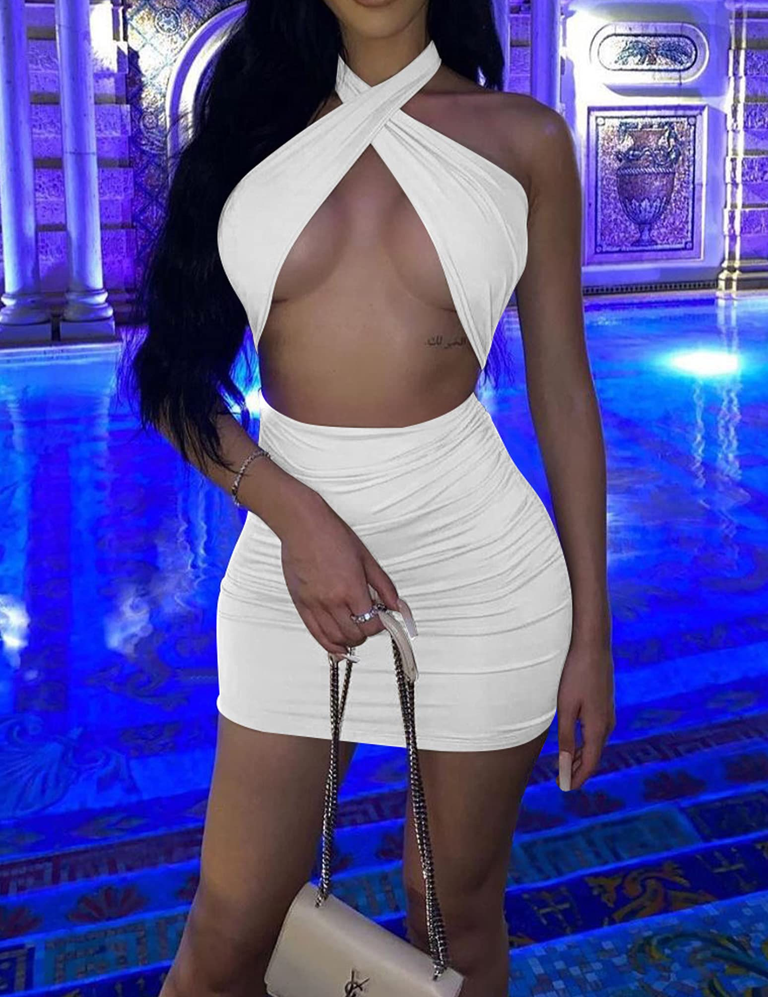 Women's Sexy Ruched Bodycon Halter Criss Cross Cut Out Backless Mini Club Party Dresses, Medium, White