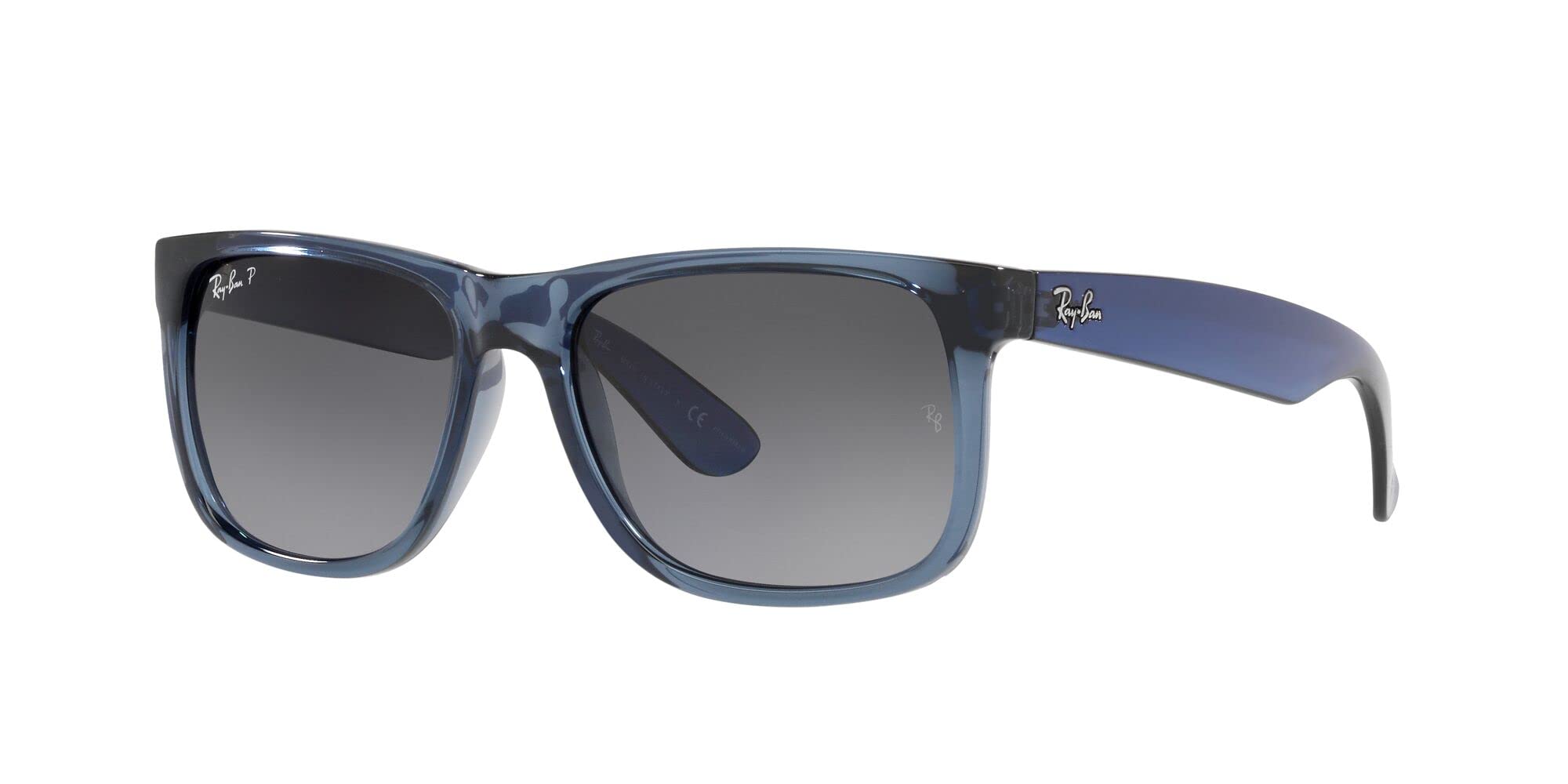 Ray-Ban RB4165 Justin Rectangular Sunglasses, Transparent Blue/Grey Gradient Polarized, 51 mm
