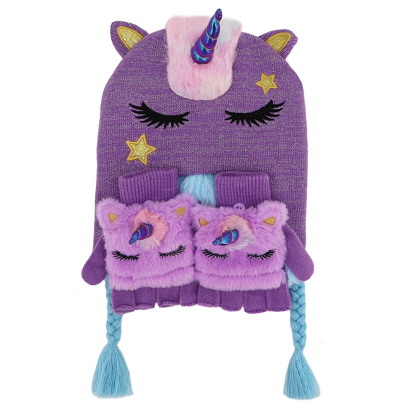 Newfancy Kids Girls Cute Glitter Unicorn Beanie Winter Hat and Glove Set Knitted Earflap Cap Flip Top Mitten Set Purple One Size