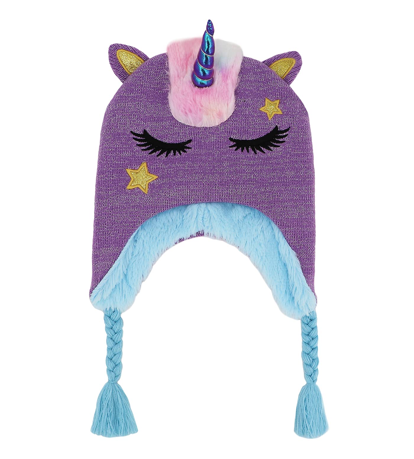 Newfancy Kids Girls Cute Glitter Unicorn Beanie Winter Hat and Glove Set Knitted Earflap Cap Flip Top Mitten Set Purple One Size