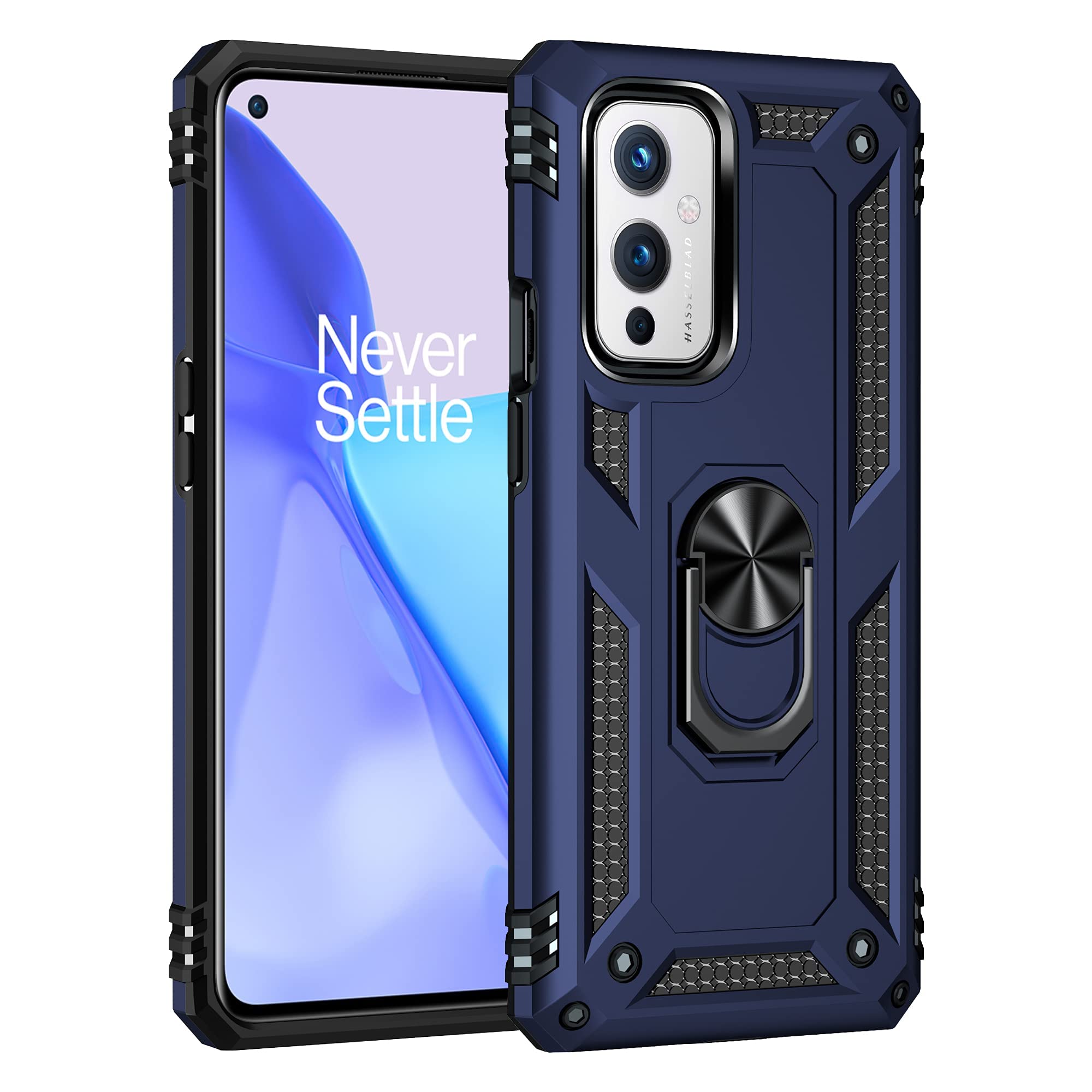 Dionsibei Military Grade Drop Impact for Oneplus 9 Case Oneplus 9 5G Case 360 Metal Rotating Ring Kickstand Holder Armor Heavy Duty Shockproof Case for Oneplus 9 Phone Case (Blue)