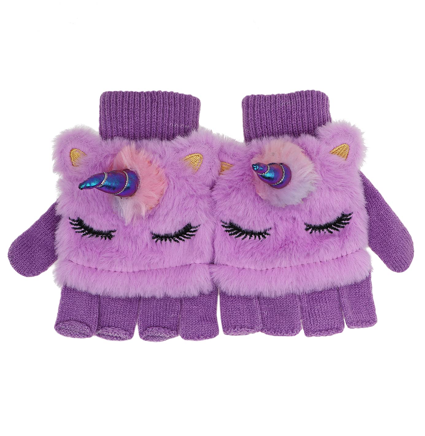 Newfancy Kids Girls Cute Glitter Unicorn Beanie Winter Hat and Glove Set Knitted Earflap Cap Flip Top Mitten Set Purple One Size