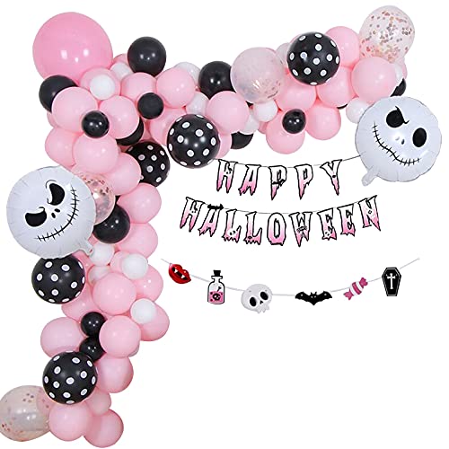 CheeseandU 109 Pieces Halloween Balloons Arch Set Include Black White Pink Latex Balloons Garland, Skull Foil Balloon, Happy Halloween Banner for Halloween Party Home Classroom Decorations