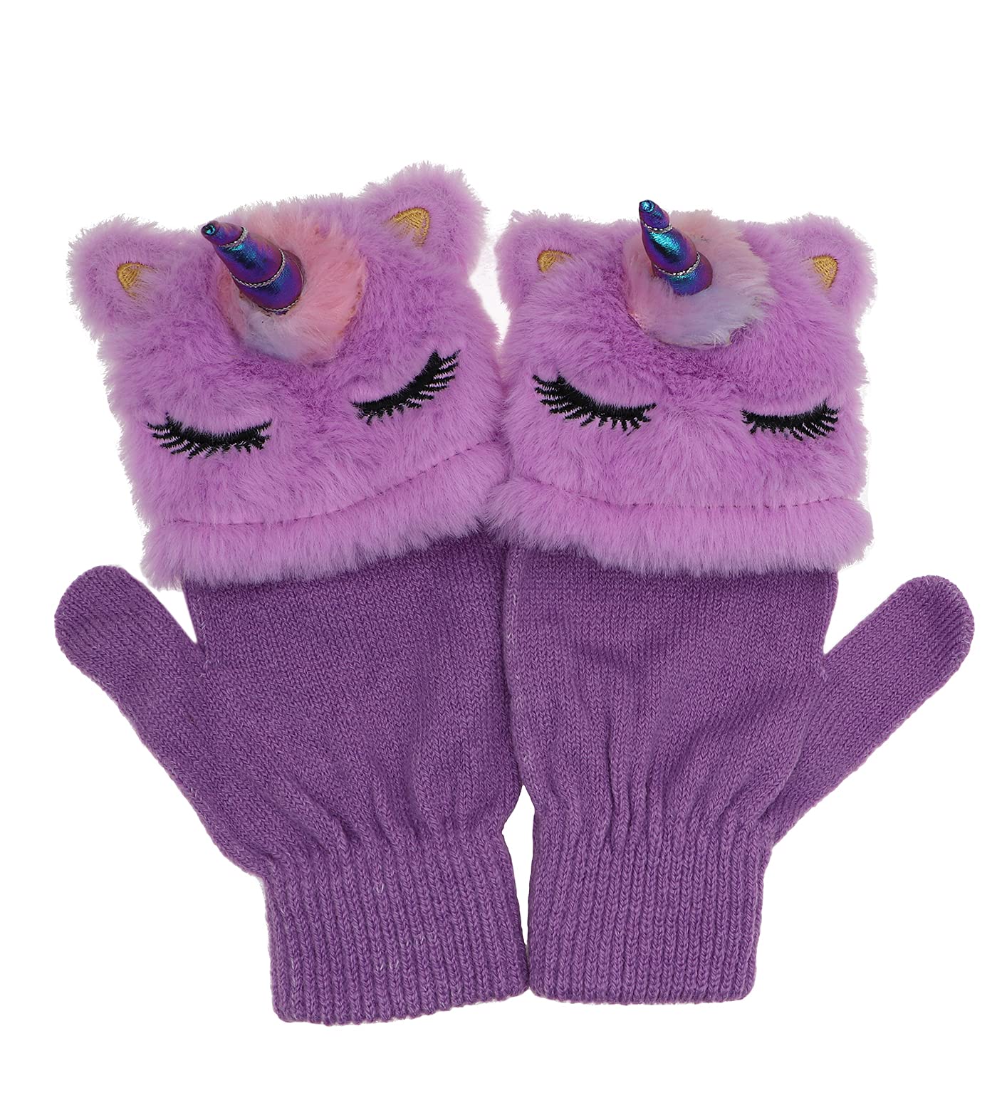 Newfancy Kids Girls Cute Glitter Unicorn Beanie Winter Hat and Glove Set Knitted Earflap Cap Flip Top Mitten Set Purple One Size