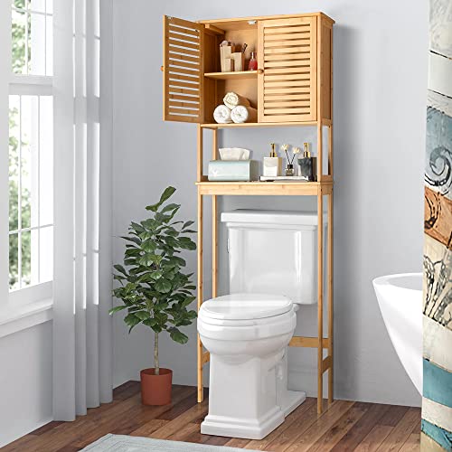 Markif Bamboo 2 Doors 1 Shelf Toilet Cabinet Bathroom Cabinet Over The Toilet Storage Cabinet,Bathroom Organizer with Adjustable Inside Shelf and Bottom Stabilizer Bar, Space-Saving Toilet Rack