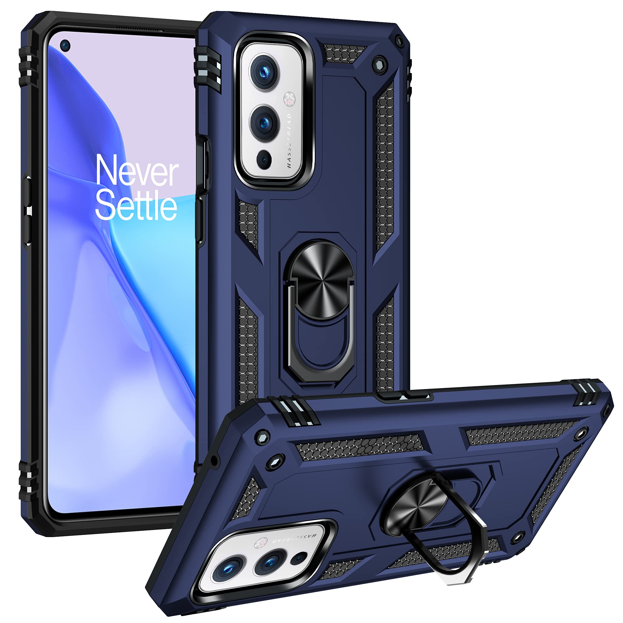 Dionsibei Military Grade Drop Impact for Oneplus 9 Case Oneplus 9 5G Case 360 Metal Rotating Ring Kickstand Holder Armor Heavy Duty Shockproof Case for Oneplus 9 Phone Case (Blue)