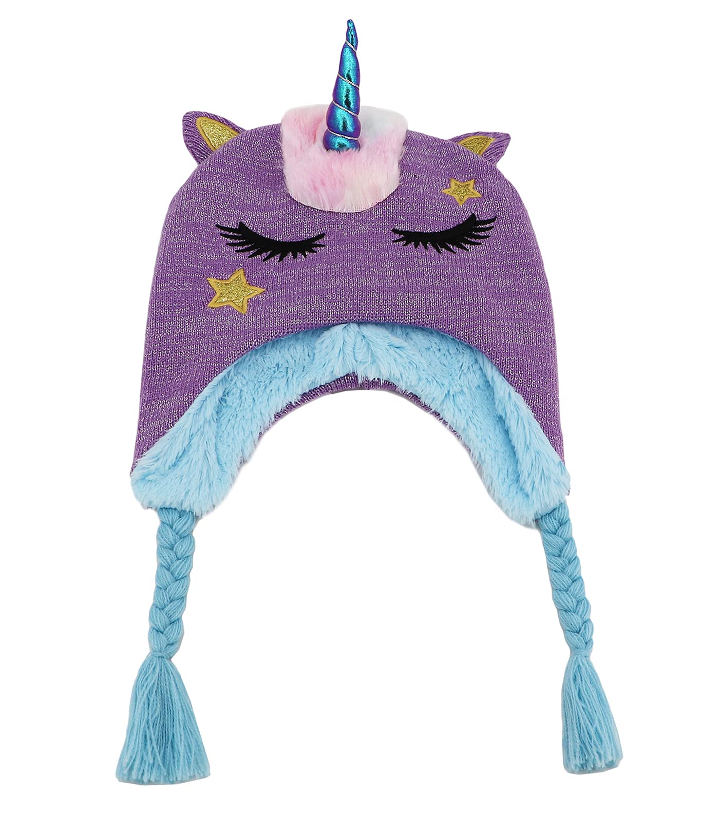 Newfancy Kids Girls Cute Glitter Unicorn Beanie Winter Hat and Glove Set Knitted Earflap Cap Flip Top Mitten Set Purple One Size