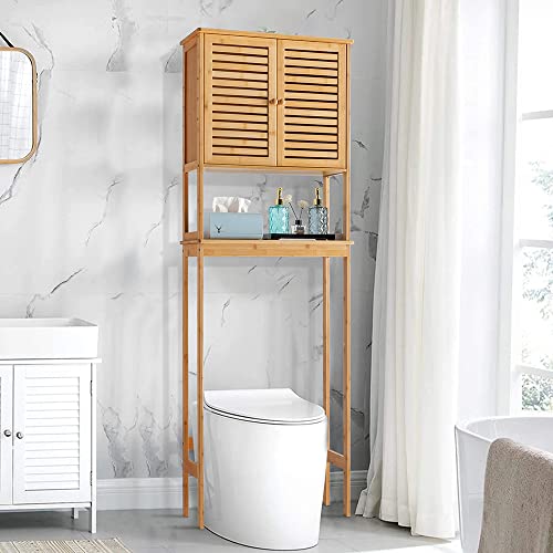 Markif Bamboo 2 Doors 1 Shelf Toilet Cabinet Bathroom Cabinet Over The Toilet Storage Cabinet,Bathroom Organizer with Adjustable Inside Shelf and Bottom Stabilizer Bar, Space-Saving Toilet Rack